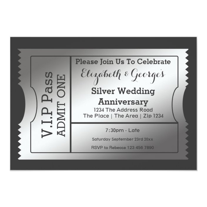 VIP Pass Silver Wedding Anniversary Ticket Invitation | Zazzle.com