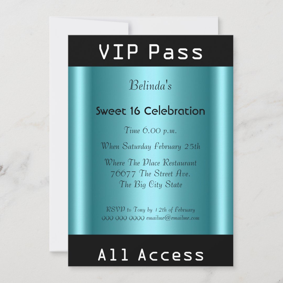 VIP pass Sweet 16 Birthday Party Black Teal Invitation | Zazzle