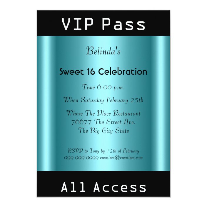 VIP pass Sweet 16 Birthday Party Black Teal Invitation | Zazzle.com