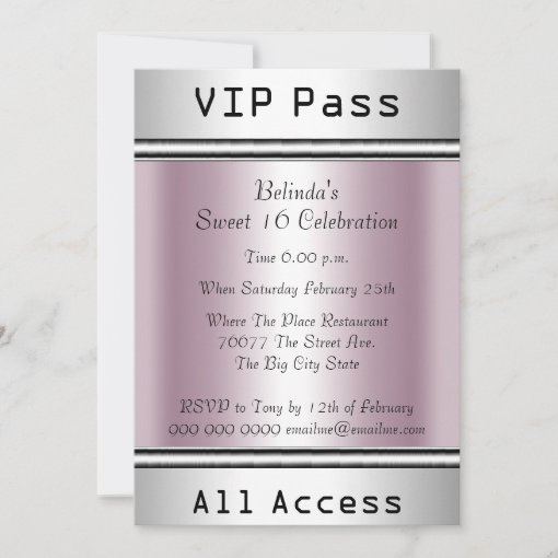 VIP pass Sweet 16 Birthday Party White Pink Invitation | Zazzle