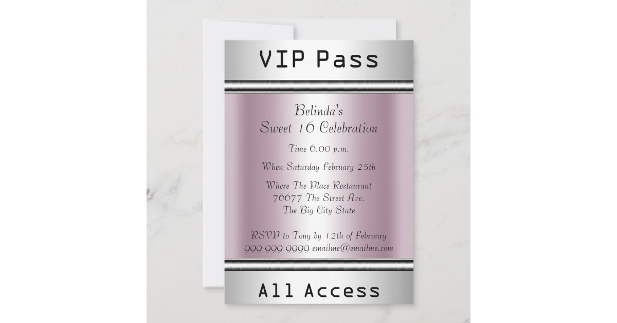 VIP pass Sweet 16 Birthday Party White Pink Invitation | Zazzle