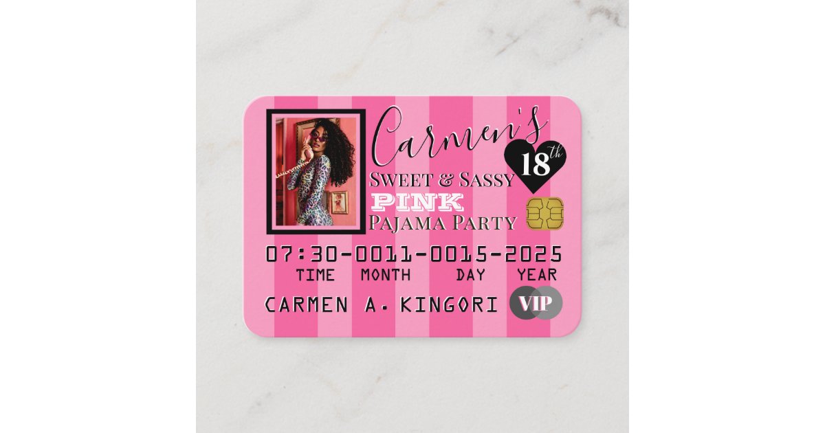 VIP Pink Stripes Photo Credit Card Invitation | Zazzle