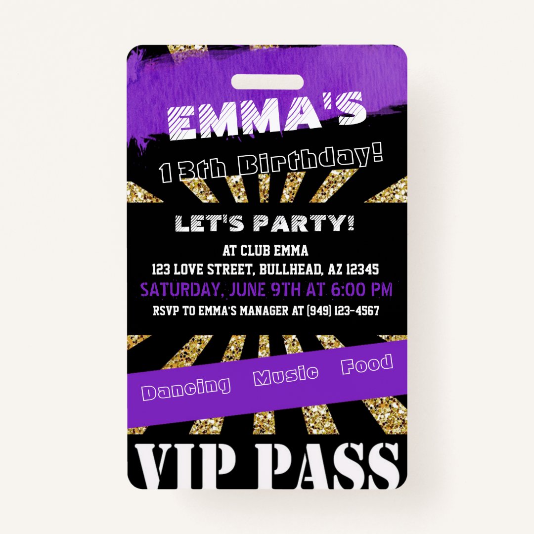 VIP Purple & Gold Any Event Pass Birthday Invite Badge | Zazzle