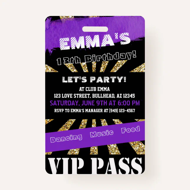 VIP Purple & Gold Any Event Pass Birthday Invite Badge | Zazzle