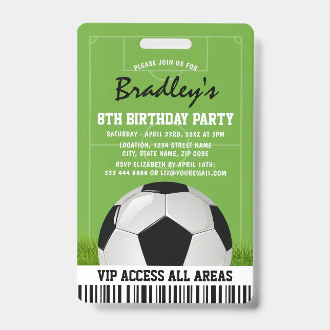 VIP Sports Pass Kids Soccer Birthday Party Badge | Zazzle