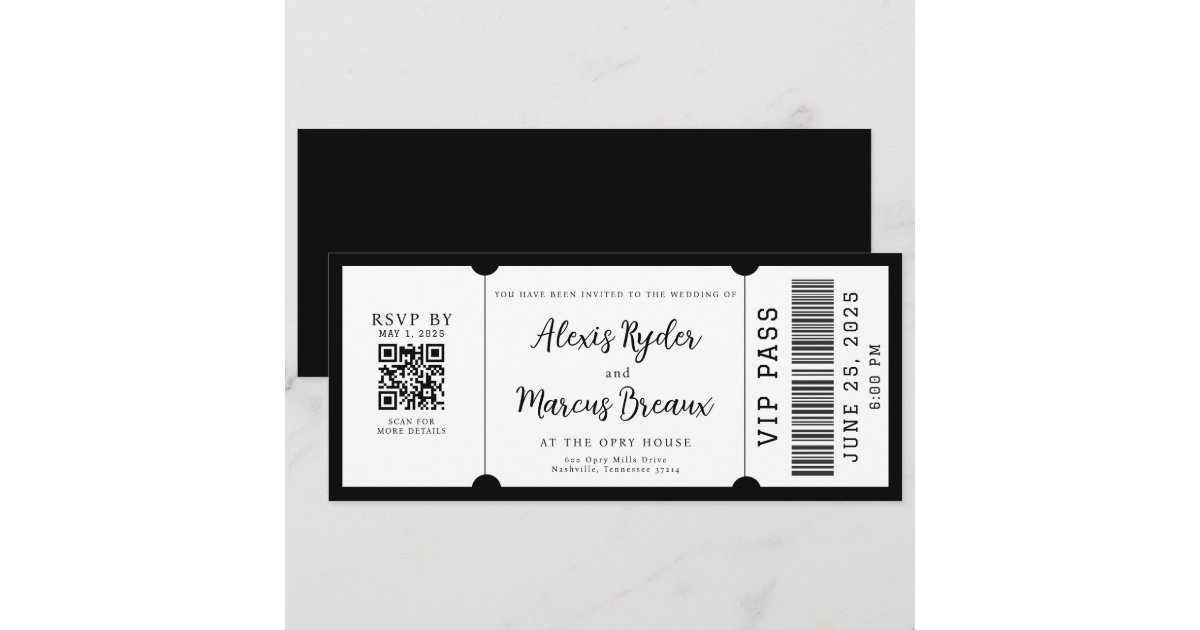 VIP Ticket Black and White Wedding Invitation | Zazzle