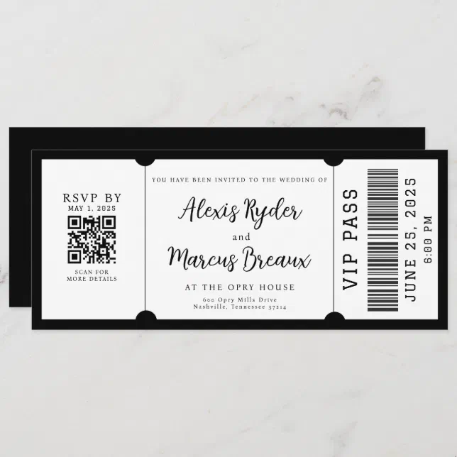 VIP Ticket Black and White Wedding Invitation | Zazzle
