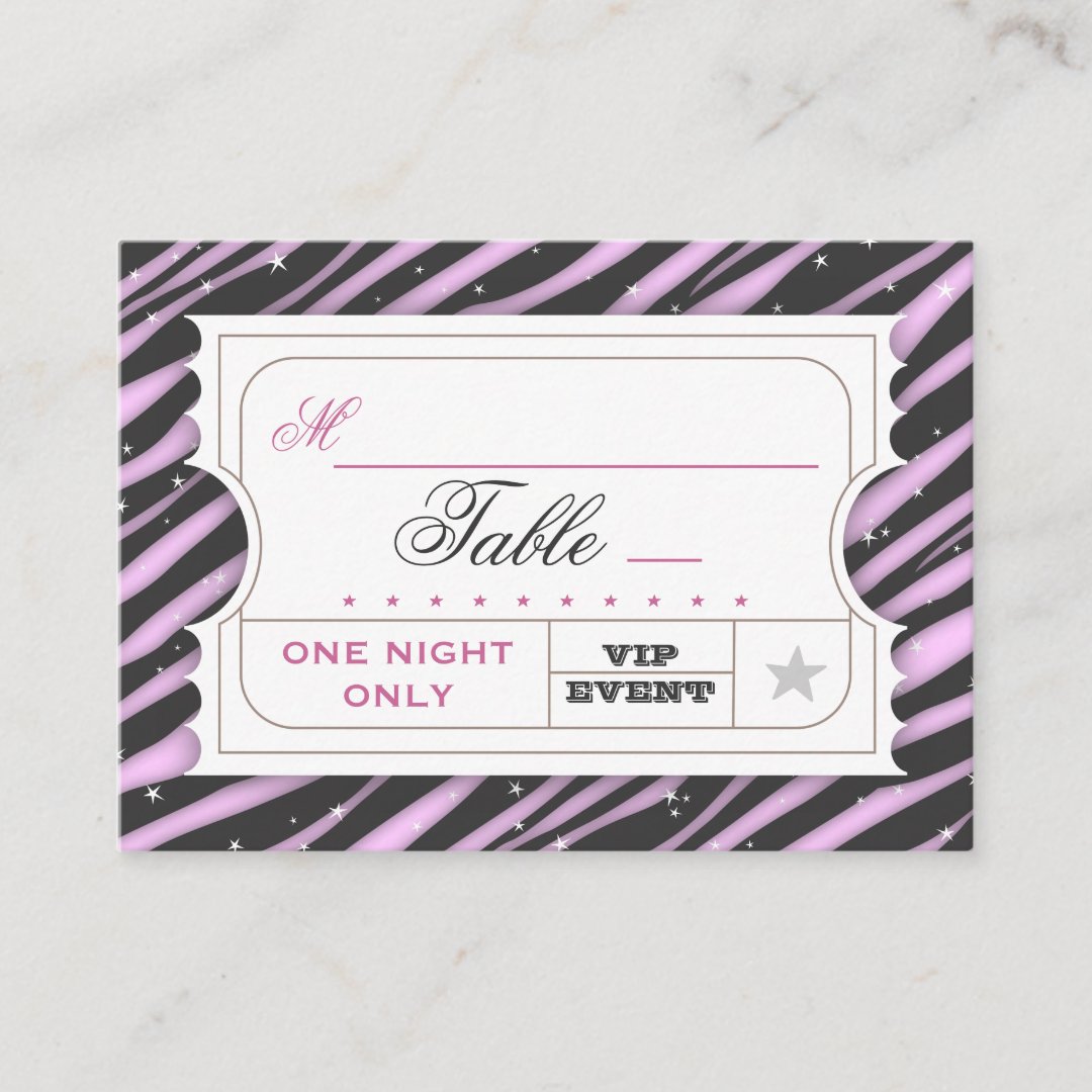 VIP Ticket Zebra Glam Purple Table Seating Cards | Zazzle