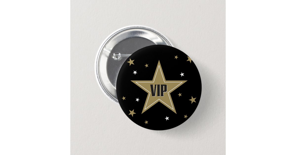 VIP with gold stars on black background Pinback Button | Zazzle