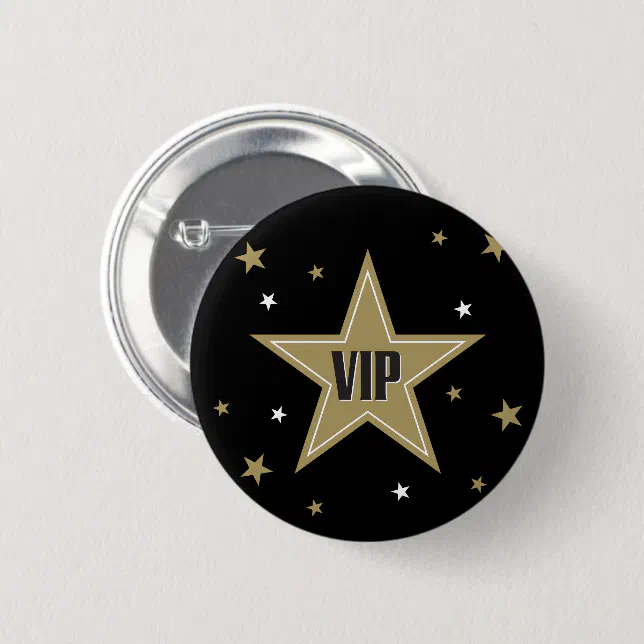 VIP with gold stars on black background Pinback Button | Zazzle