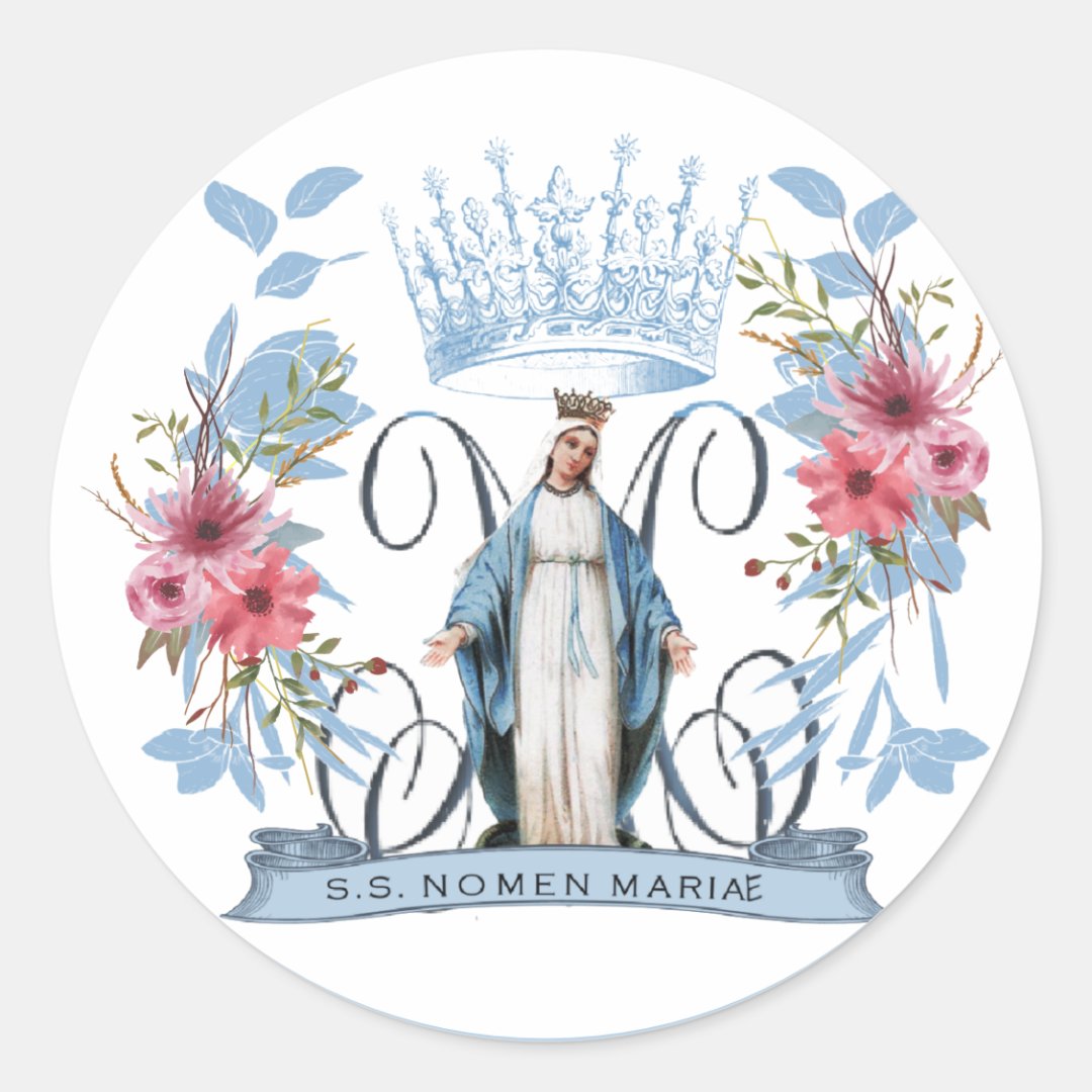 Virgin Mary Catholic Religious Mother Mary Floral Classic Round Sticker ...