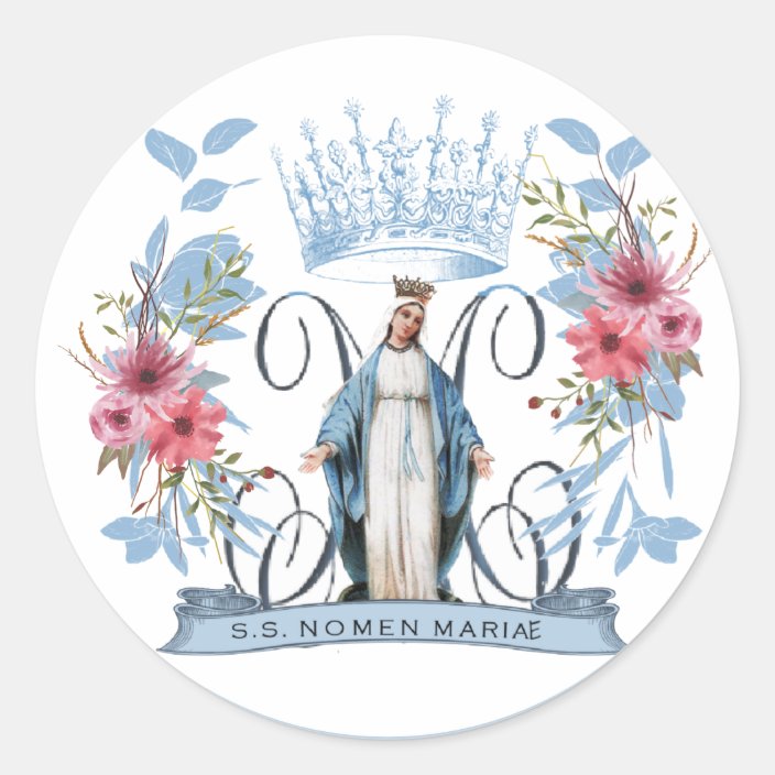 Virgin Mary Catholic Religious Mother Mary Floral Classic Round Sticker ...