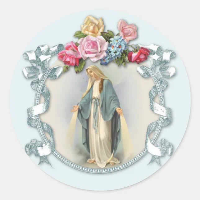 Virgin Mary Floral Religious Vintage Catholic Classic Round Sticker ...