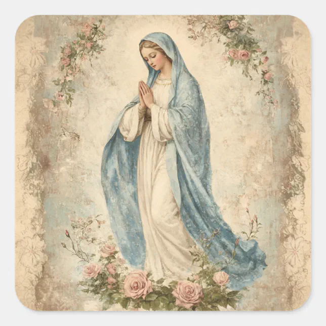 Virgin Mary Floral Religious Vintage Catholic Square Sticker | Zazzle