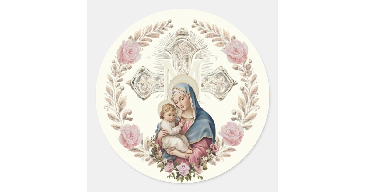 Virgin Mary Jesus Vintage Pink Roses Catholic Classic Round Sticker ...