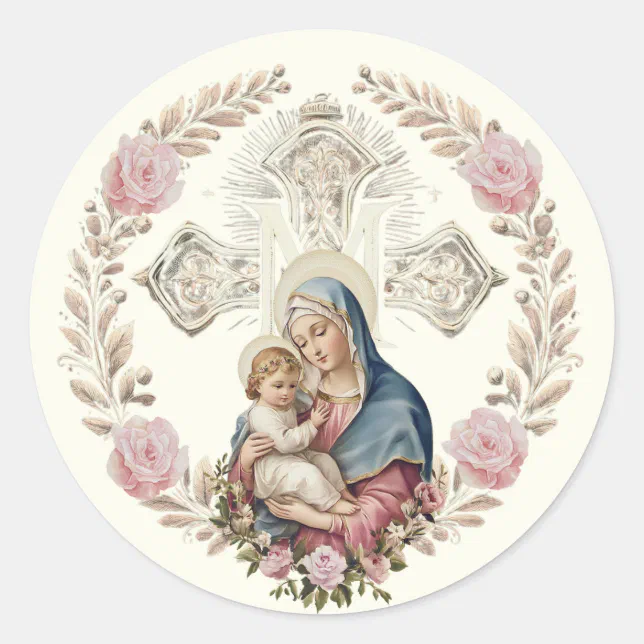 Virgin Mary Jesus Vintage Pink Roses Catholic Classic Round Sticker ...