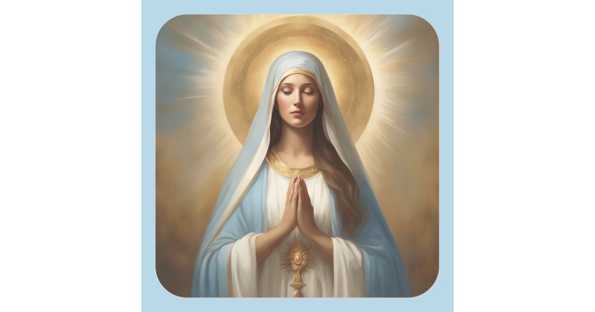 Virgin Mary Power of Prayer Gold Halo Blue Robe Square Sticker | Zazzle