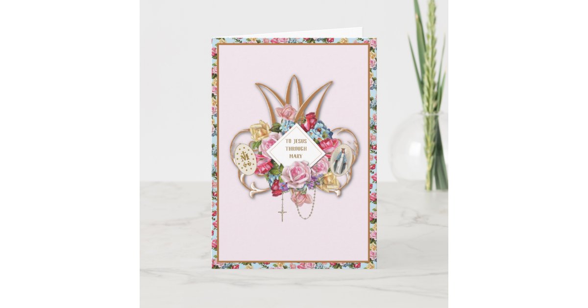 Virgin Mary Religious Roses Rosary Floral Catholic Card | Zazzle