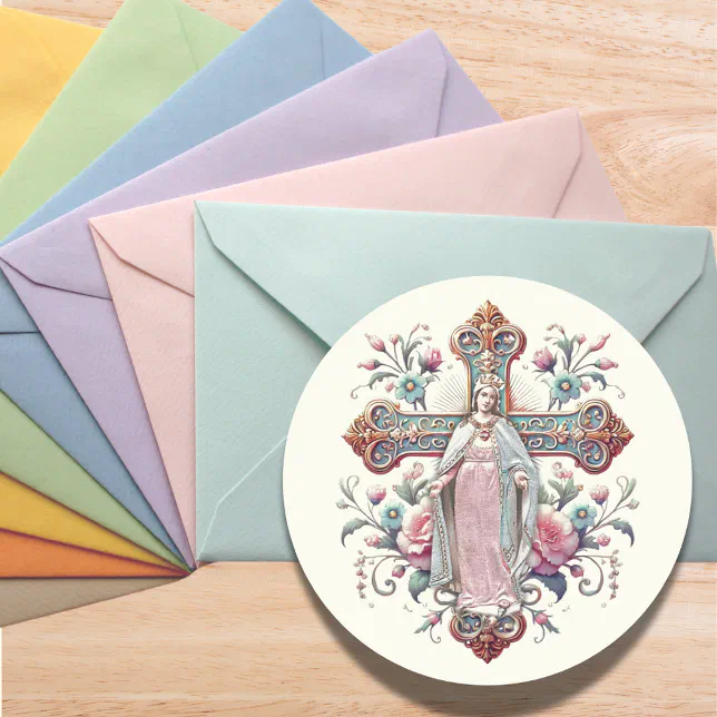 Virgin Mary Vintage Roses Cross Catholic Classic Round Sticker | Zazzle