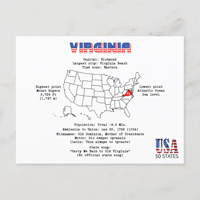Virginia American state on a map and useful info Holiday Postcard | Zazzle