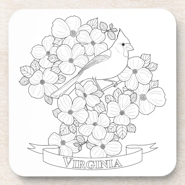Virginia State Bird and Flower Coloring Page Coaster | Zazzle