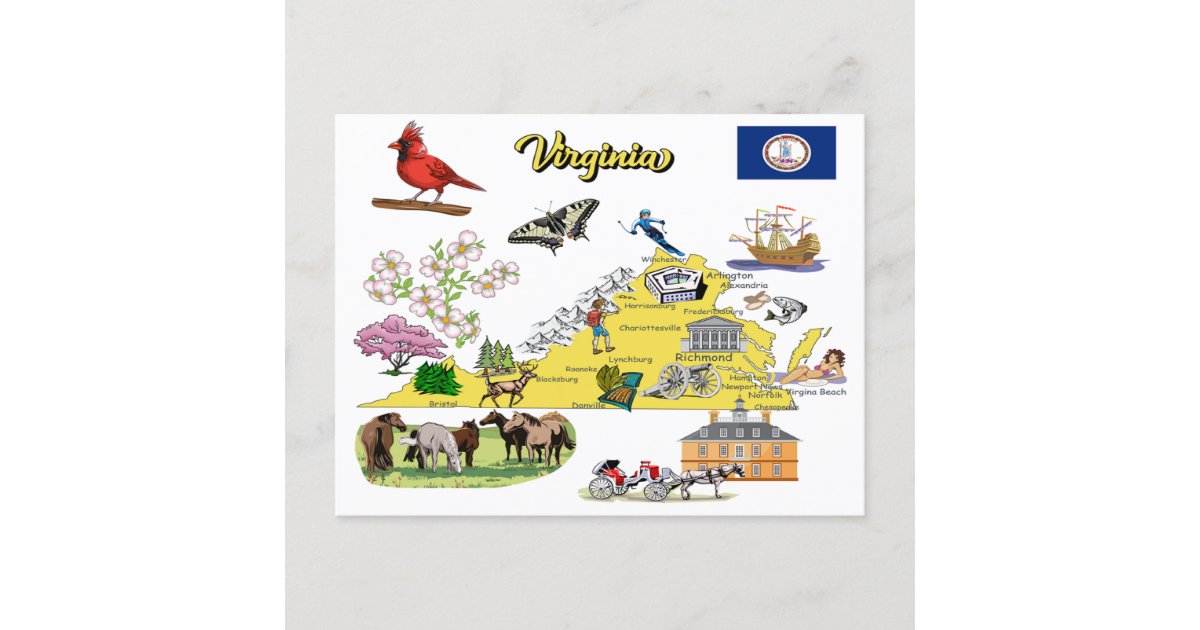 Virginia state tourist map postcard | Zazzle