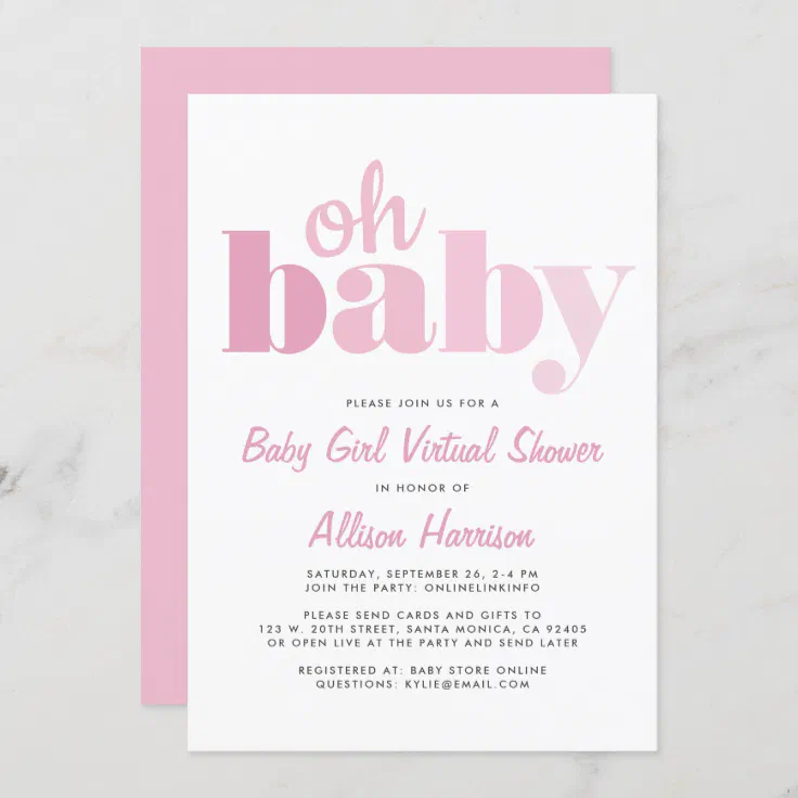Virtual Baby Girl Shower Oh Baby Pink Invitation | Zazzle