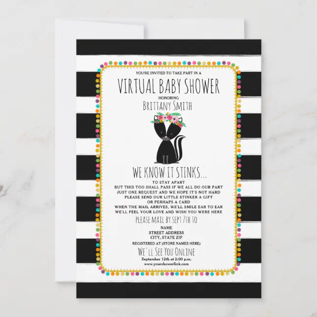 Virtual Baby Social Distancing Shower Skunk Girl Invitation | Zazzle