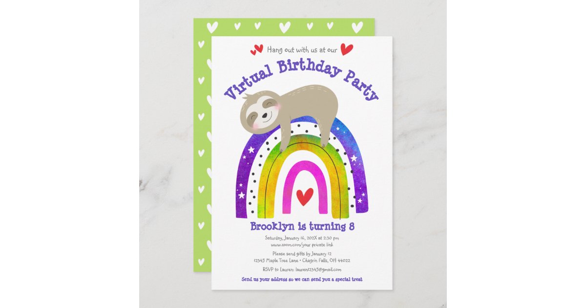 Virtual Birthday Cute Sloth Boho Rainbow Modern Invitation | Zazzle