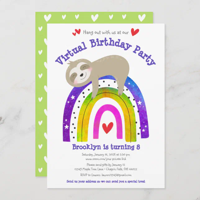 Virtual Birthday Cute Sloth Boho Rainbow Modern Invitation | Zazzle