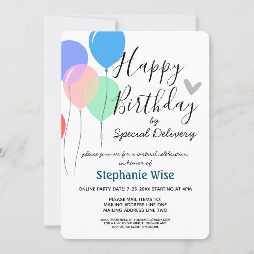Virtual Birthday Party by Mail Balloons Invitation | Zazzle