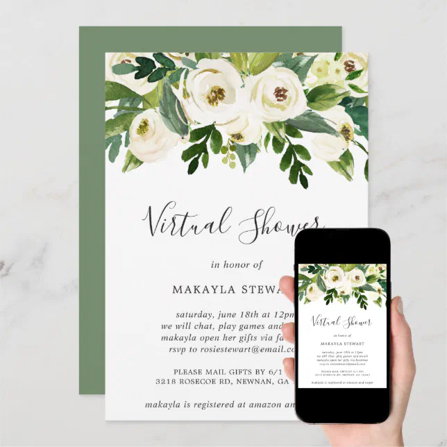 Virtual Bridal Shower White Floral Greenery Invitation | Zazzle