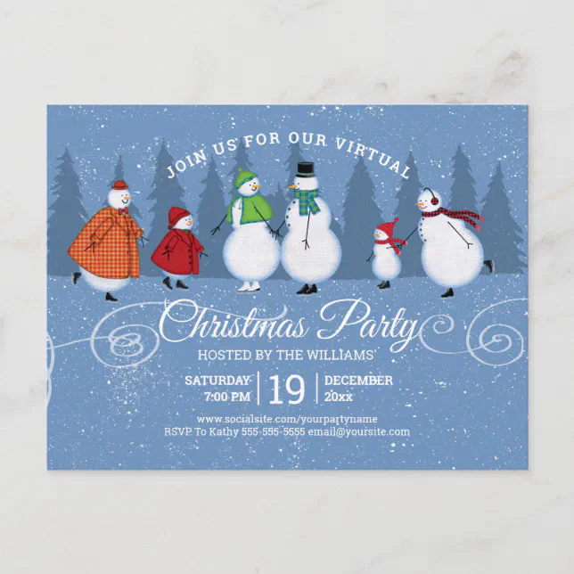 Virtual Christmas Party Snowman Skating Pine Trees Invitation Postcard ...