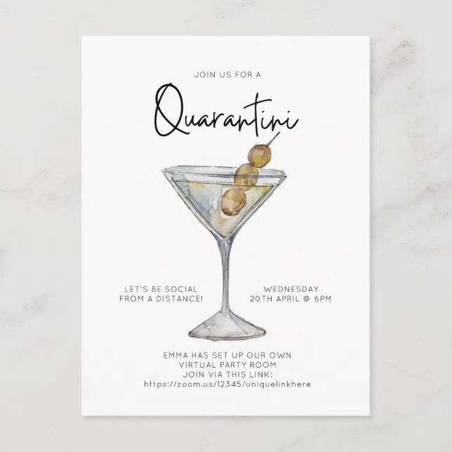 Virtual Cocktail Party Quaratini Social Distance Postcard | Zazzle