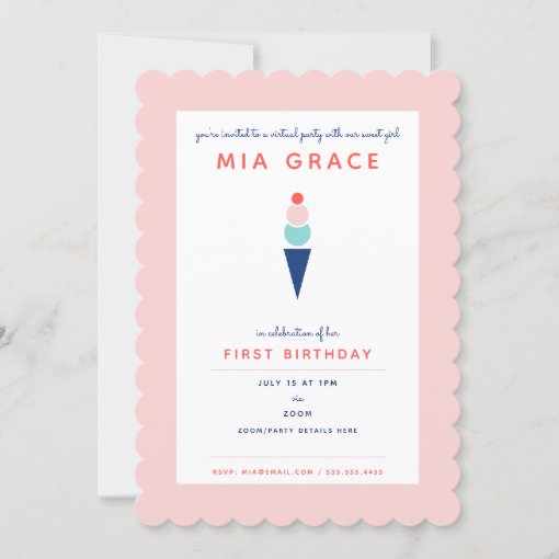 Virtual First Birthday Ice Cream Zoom Party Invitation | Zazzle