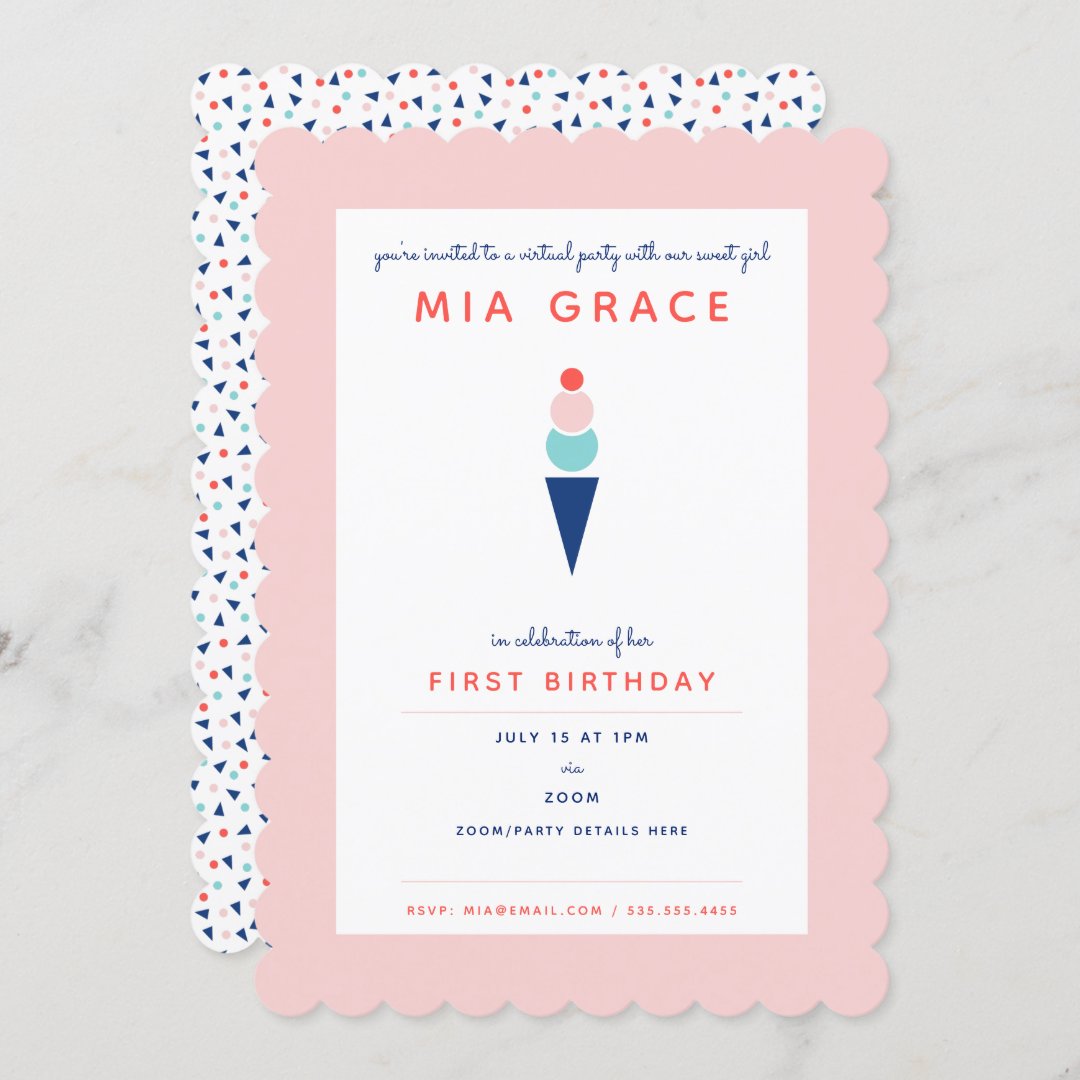 Virtual First Birthday Ice Cream Zoom Party Invitation | Zazzle