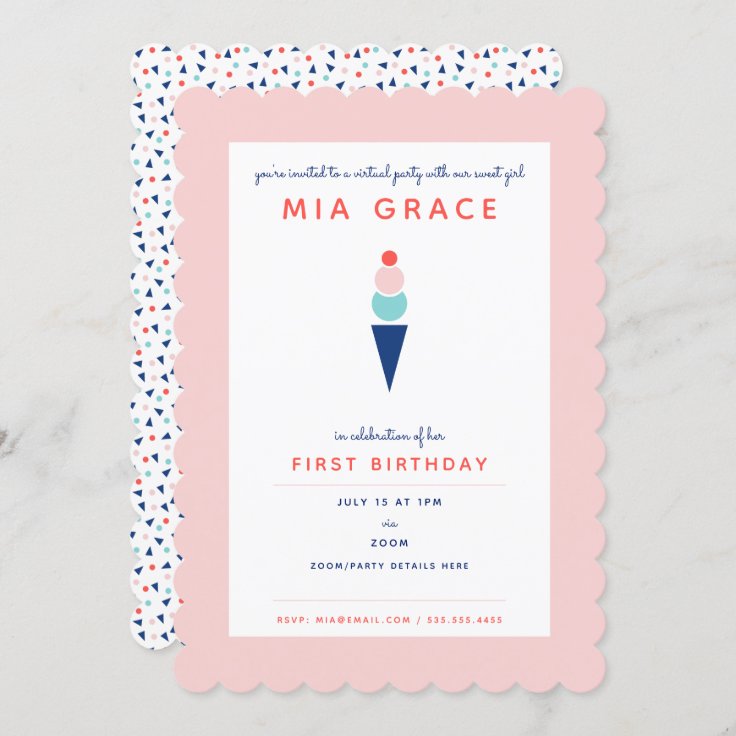Virtual First Birthday Ice Cream Zoom Party Invitation | Zazzle