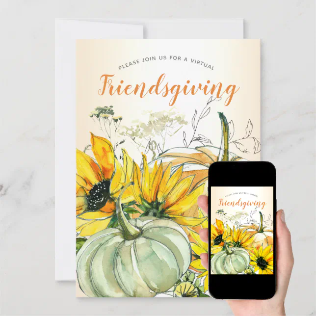 Virtual Friendsgiving Watercolor Sunflower Pumpkin Invitation | Zazzle