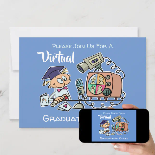 Virtual Graduation Party Funny Cartoon Blue Invitation | Zazzle