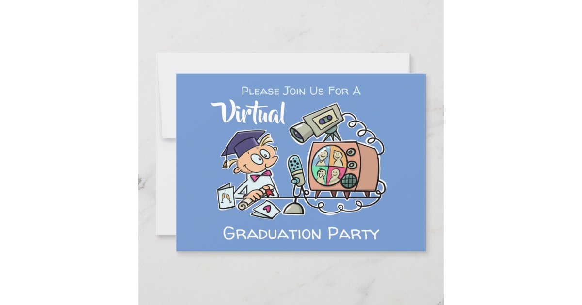Virtual Graduation Party Funny Cartoon Blue Invitation | Zazzle