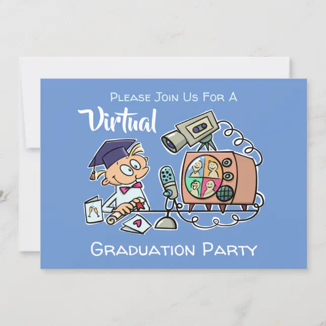 Virtual Graduation Party Funny Cartoon Blue Invitation | Zazzle
