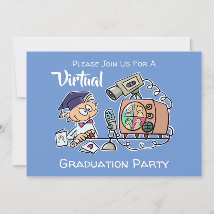 Virtual Graduation Party Funny Cartoon Blue Invitation | Zazzle.com