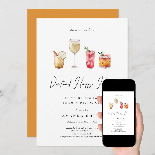 Virtual Happy Hour Cocktail Party Social Distance Invitation | Zazzle