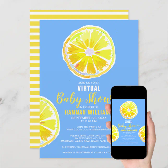 Virtual Lemon Watercolor Slices Blue Baby Shower Invitation | Zazzle