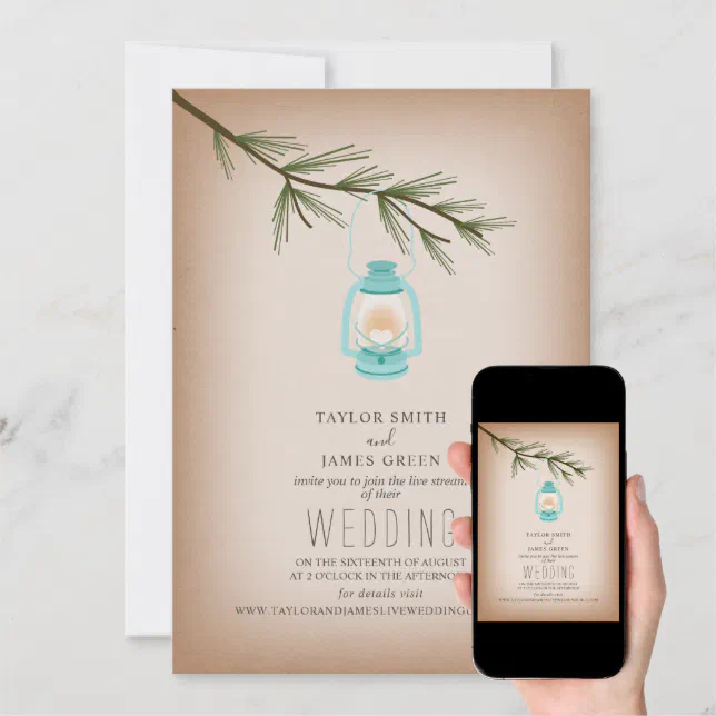 Virtual Live Stream Wedding Blue Lantern Evergreen Invitation | Zazzle