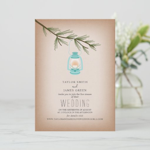 Virtual Live Stream Wedding Blue Lantern Evergreen Invitation | Zazzle