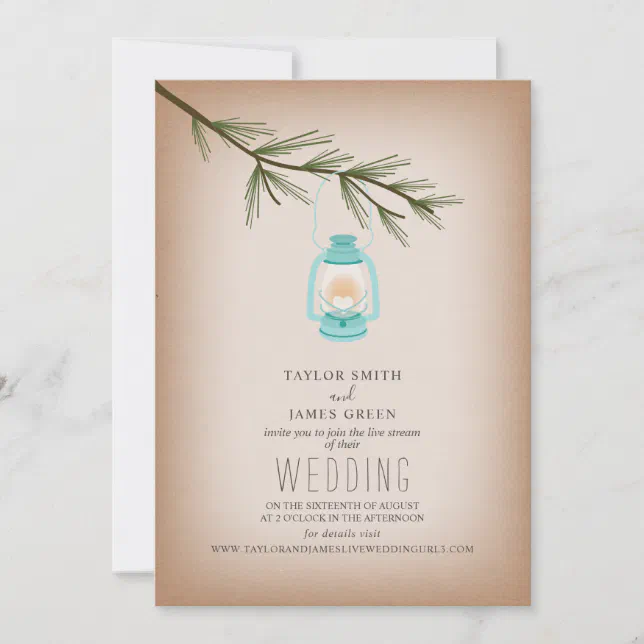 Virtual Live Stream Wedding Blue Lantern Evergreen Invitation | Zazzle