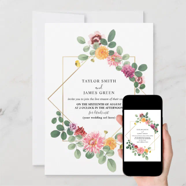 Virtual Live Stream Wedding Geometric Boho Floral Invitation | Zazzle