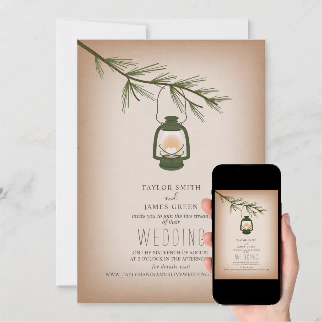 Virtual Live Stream Wedding Lantern Evergreen Invitation | Zazzle