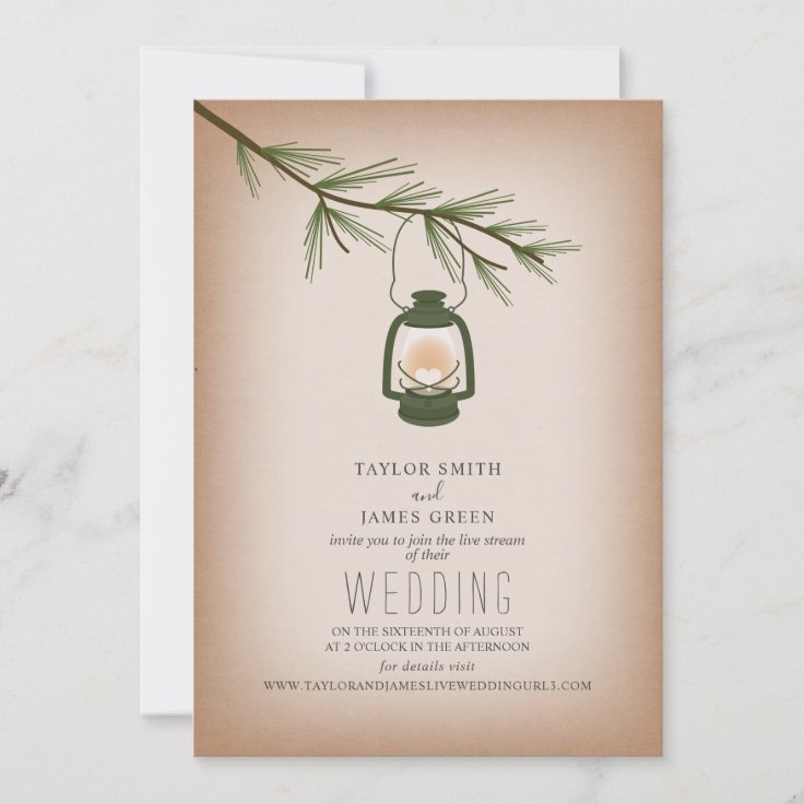 Virtual Live Stream Wedding Lantern Evergreen Invitation | Zazzle